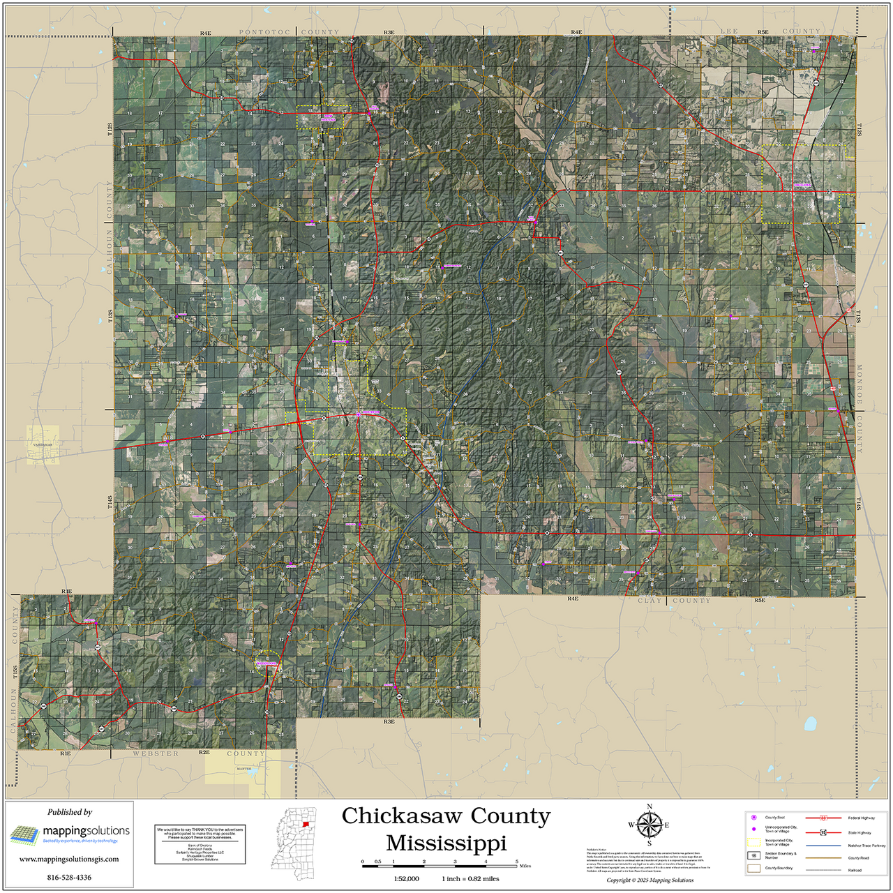 Chickasaw County Mississippi 2025 Aerial Wall Map | Mapping Solutions