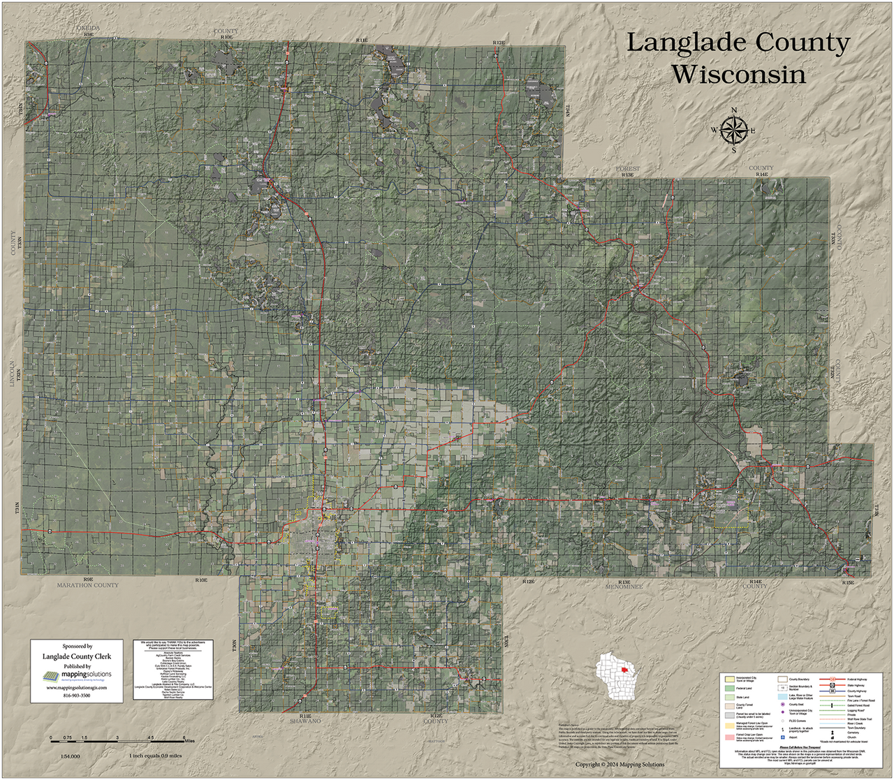 Langlade County Wisconsin 2024 Aerial Wall Map | Mapping Solutions