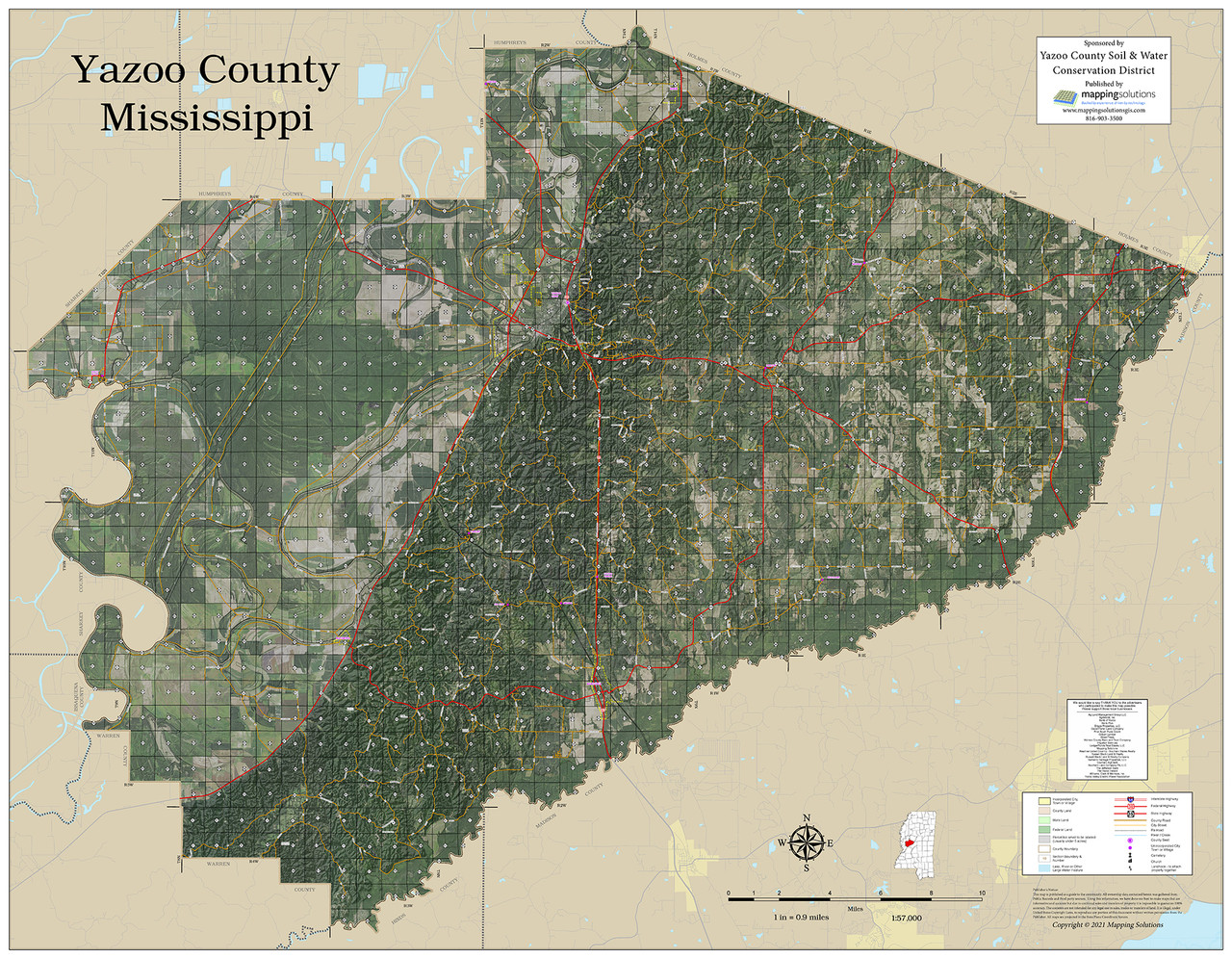 Yazoo County Mississippi 2024 Aerial Wall Map | Mapping Solutions
