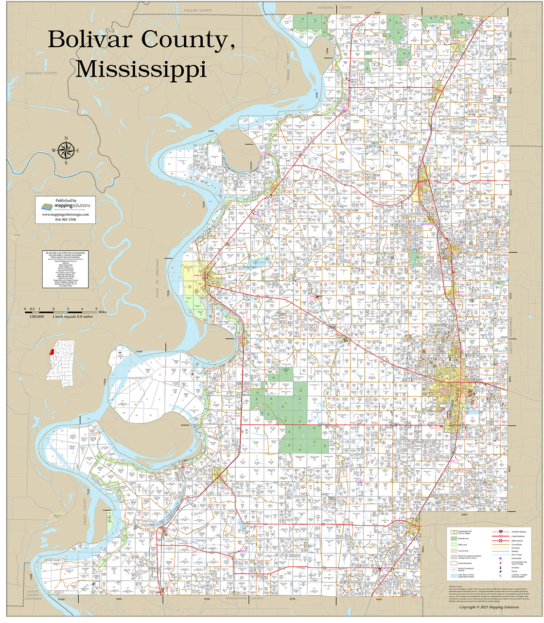 Bolivar County Mississippi 2025 Wall Map | Mapping Solutions