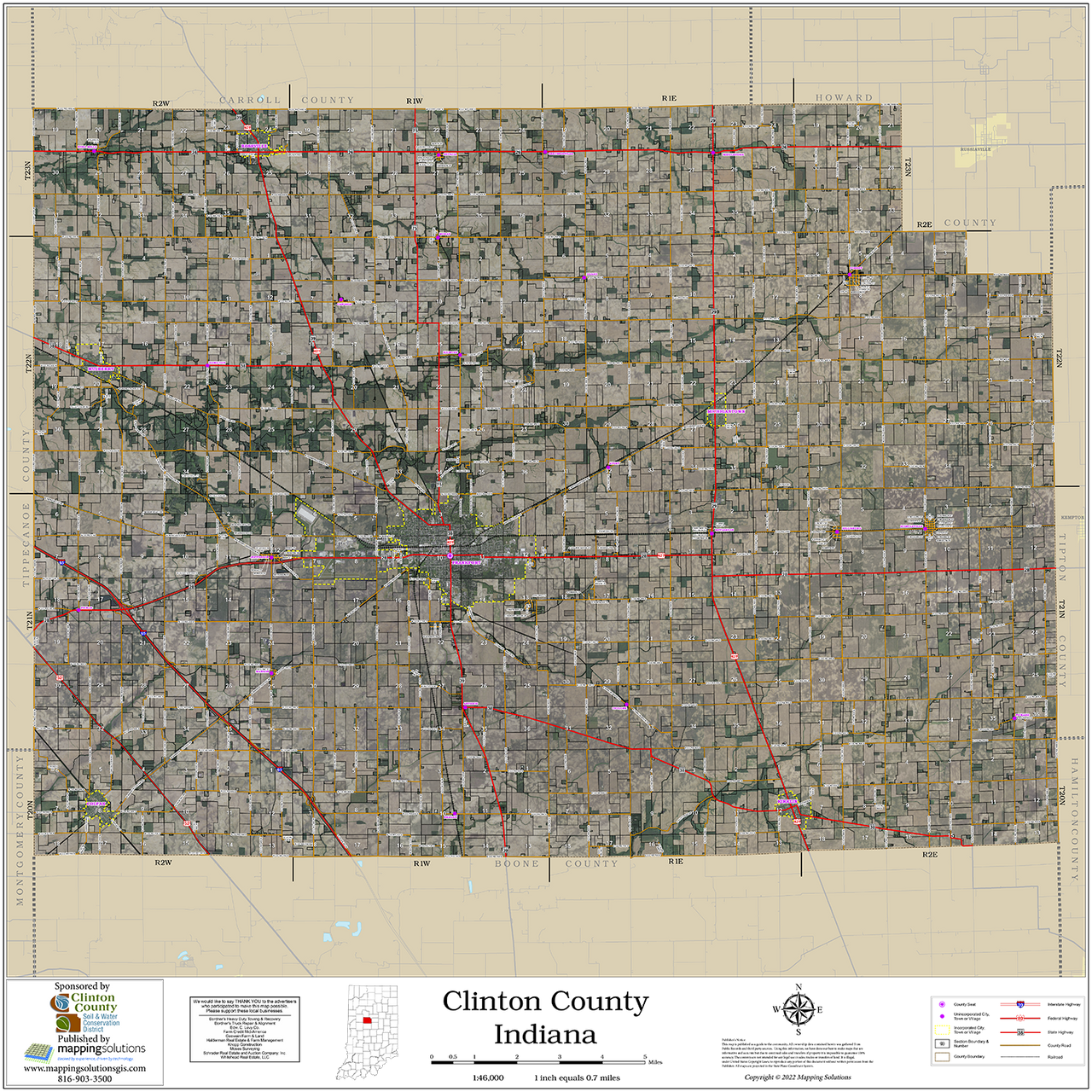 Clinton County Indiana 2025 Aerial Wall Map | Mapping Solutions