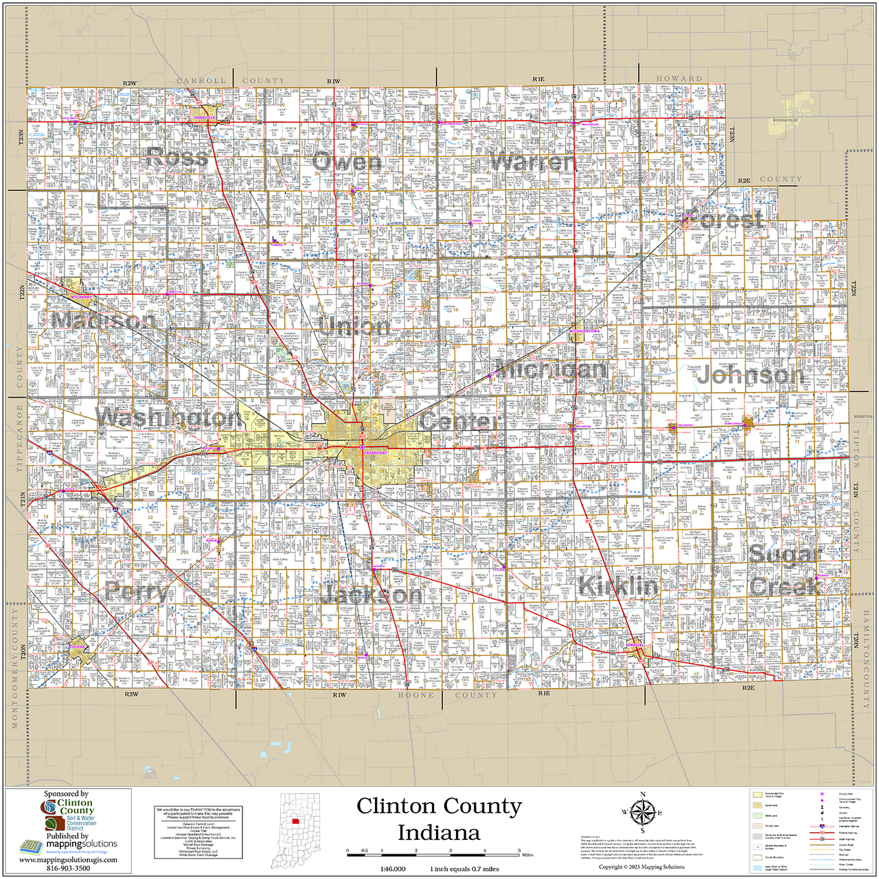 Clinton County Indiana 2025 Wall Map | Mapping Solutions