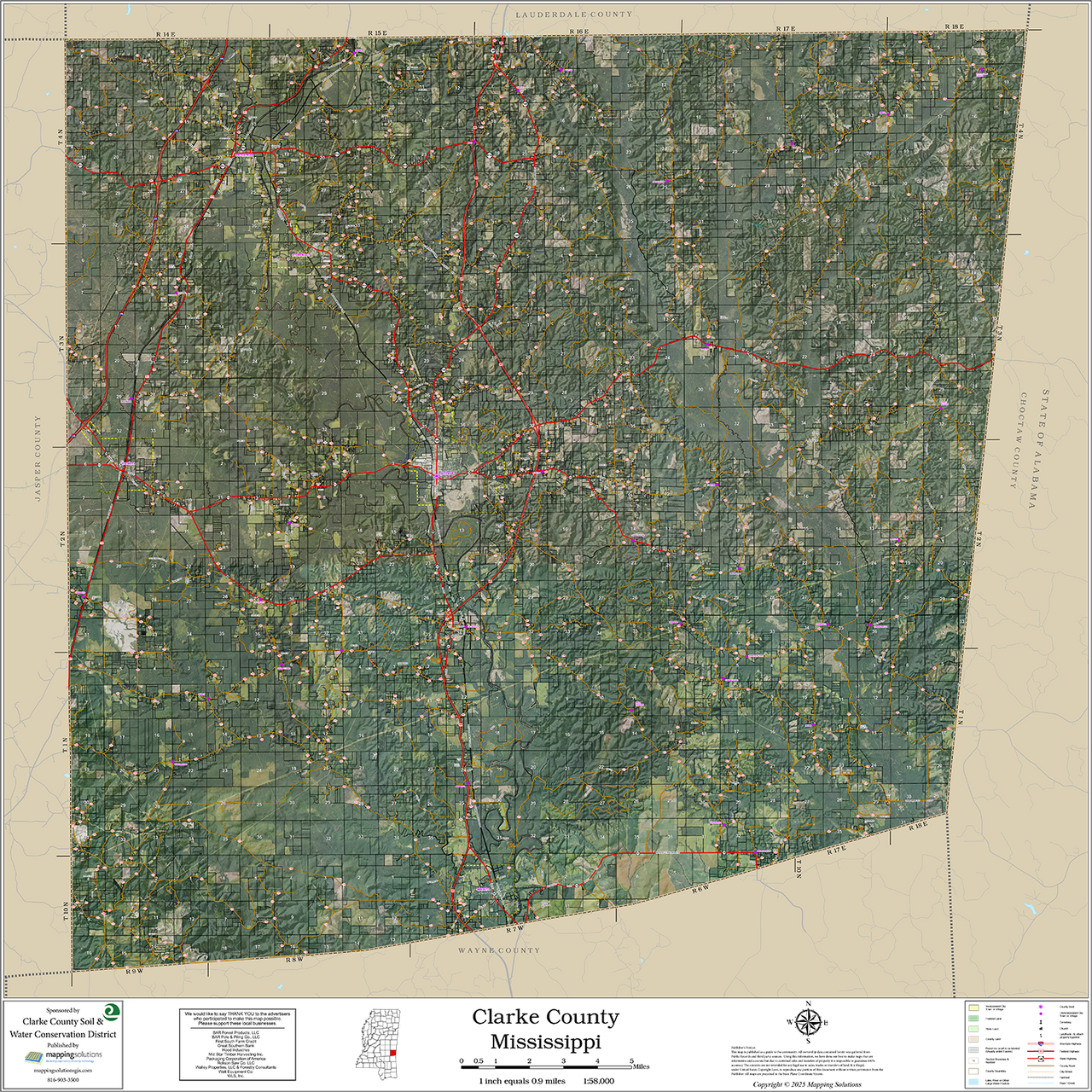 Clarke County Mississippi 2025 Aerial Wall Map | Mapping Solutions