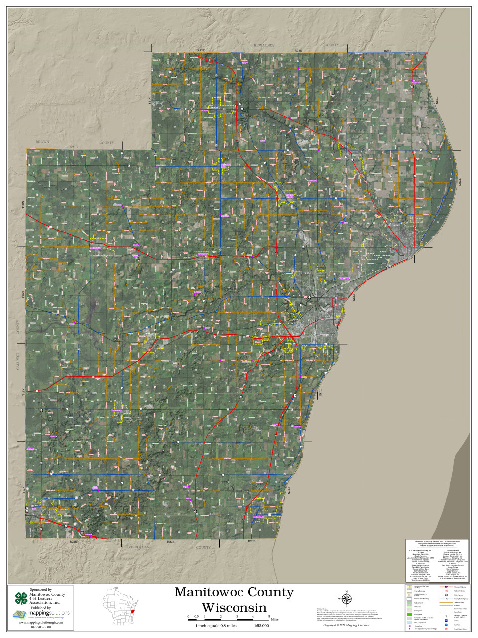 Manitowoc County Wisconsin 2023 Aerial Wall Map | Mapping Solutions