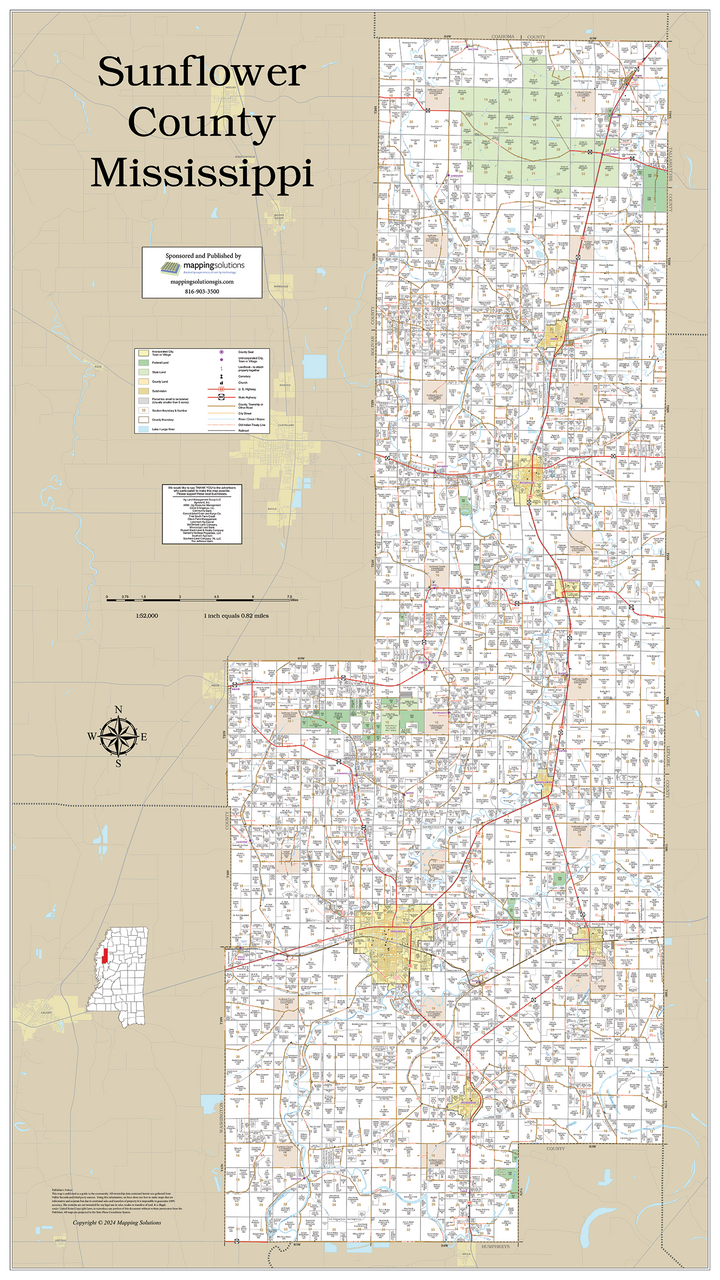 Sunflower County Mississippi 2024 Wall Map | Mapping Solutions