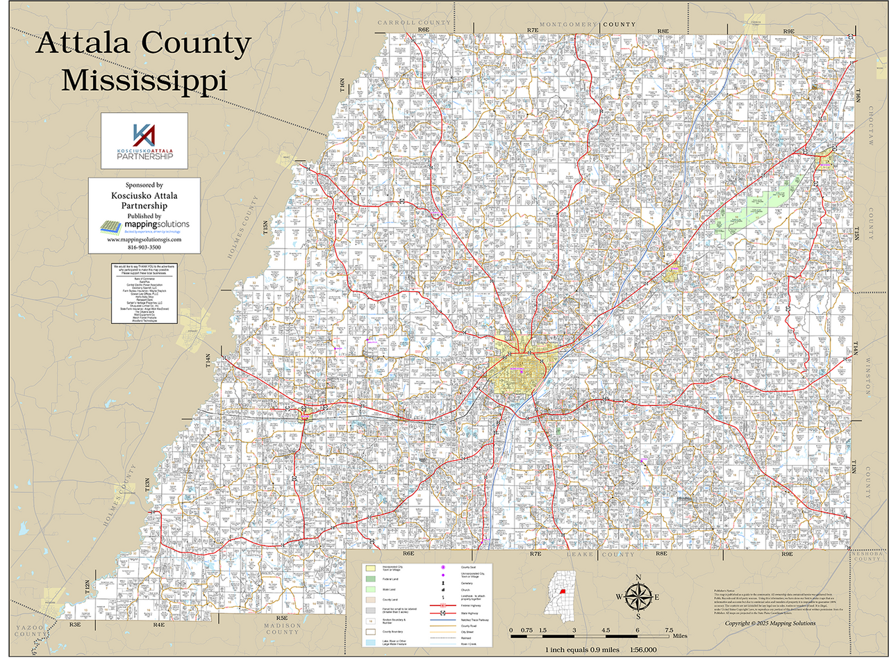 Attala County Mississippi 2026 Wall Map | Mapping Solutions