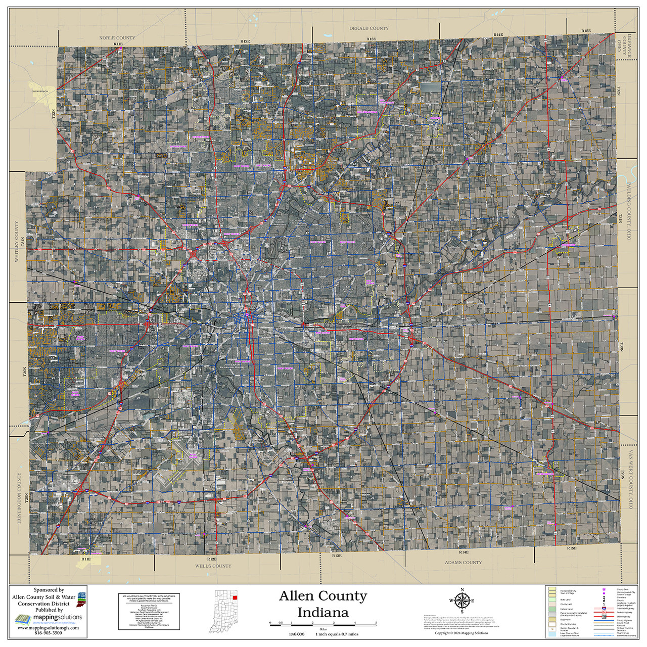 Allen County Indiana 2024 Aerial Wall Map | Mapping Solutions