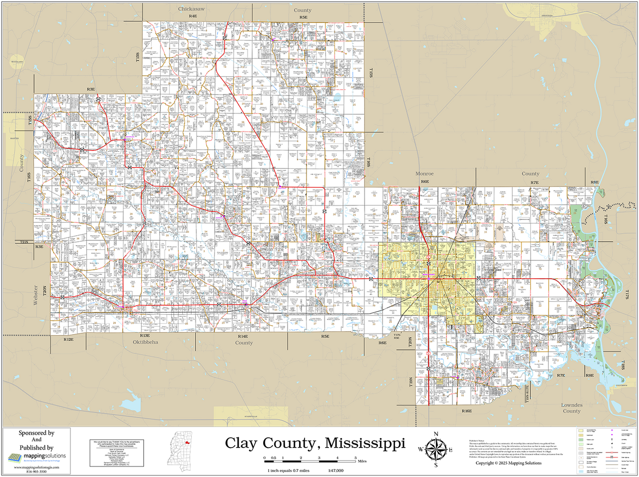 Clay County Mississippi 2025 Wall Map | Mapping Solutions