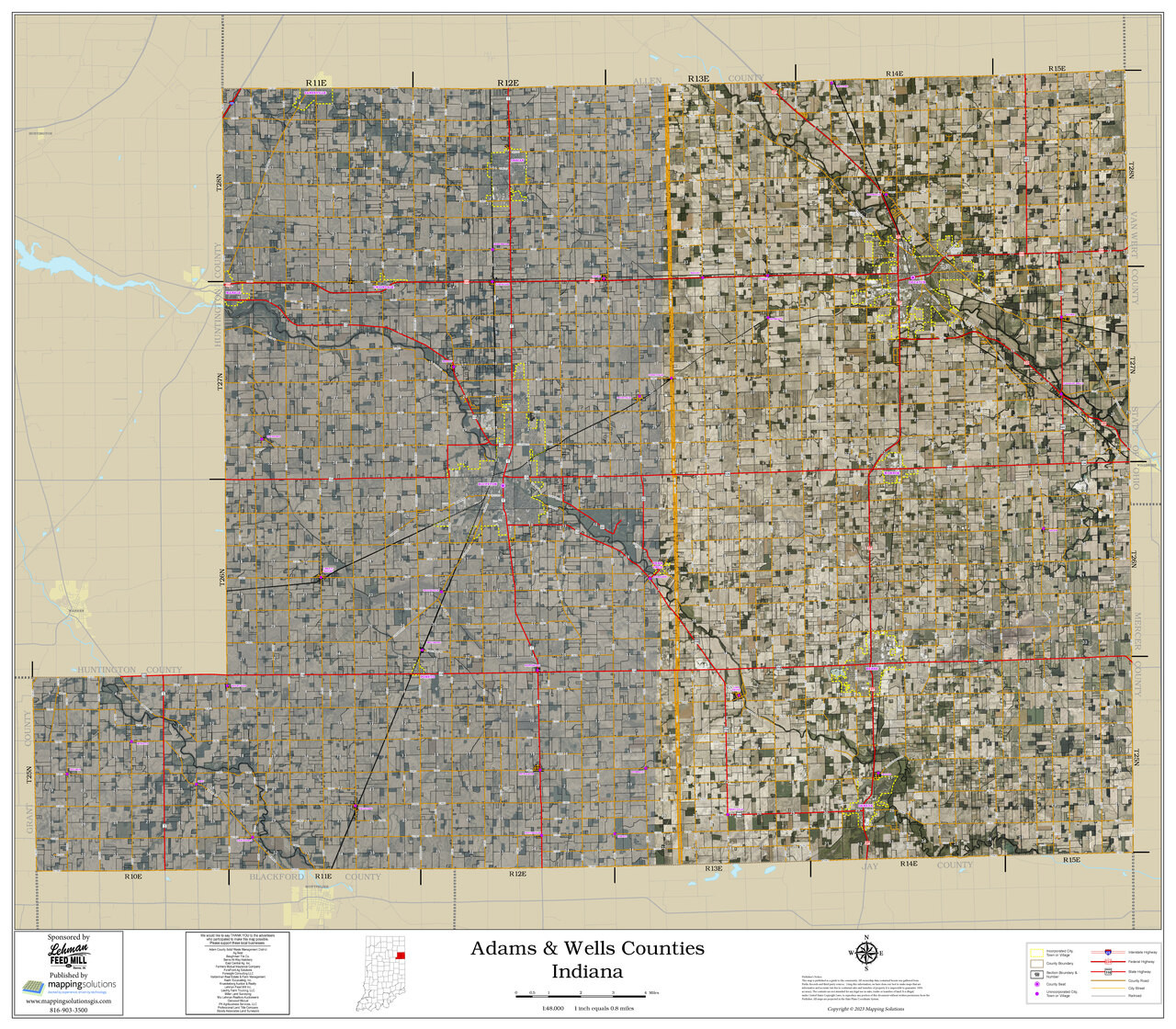Adams-Wells Counties Indiana 2024 Aerial Wall Map | Mapping Solutions