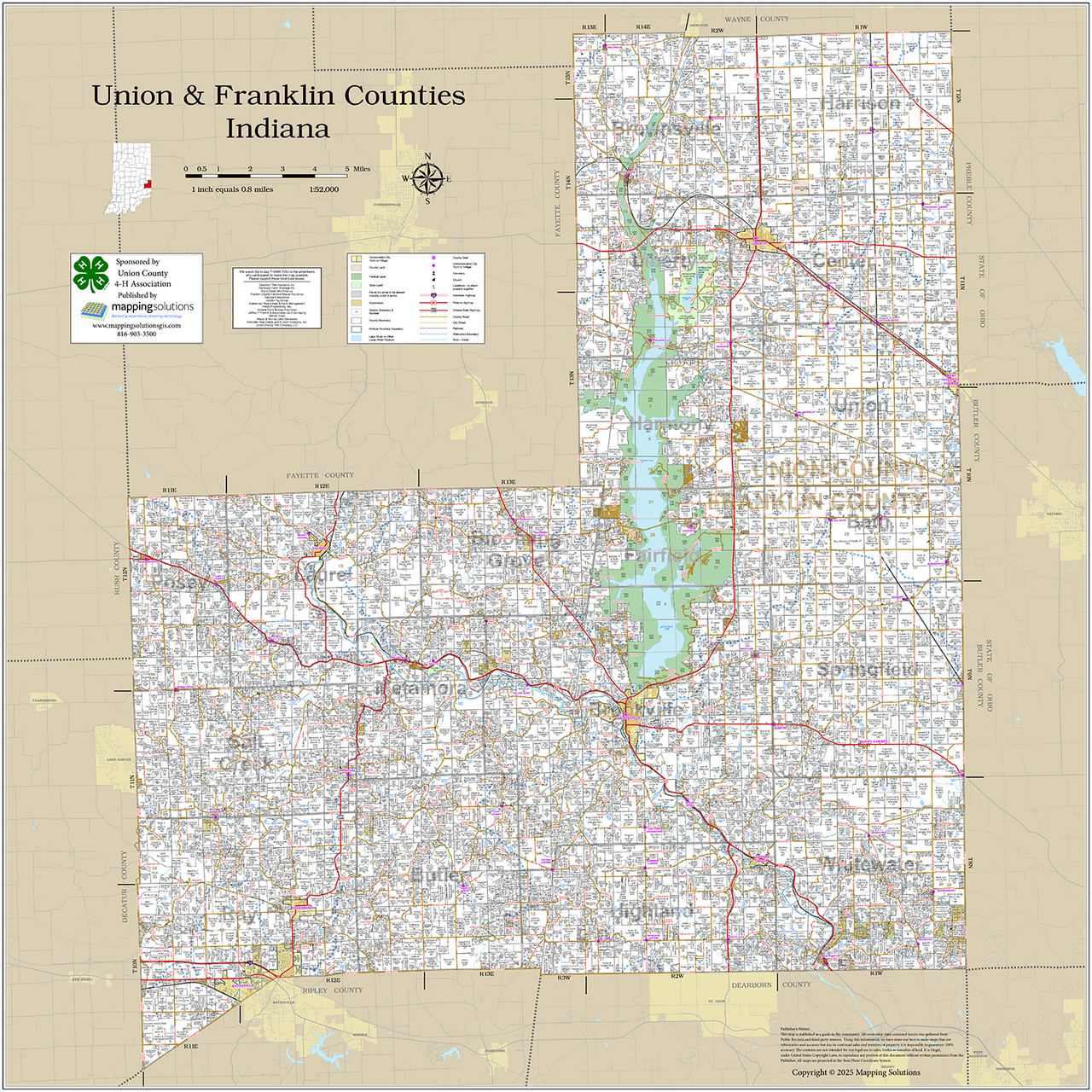 Union-Franklin Counties Indiana 2026 Wall Map | Mapping Solutions