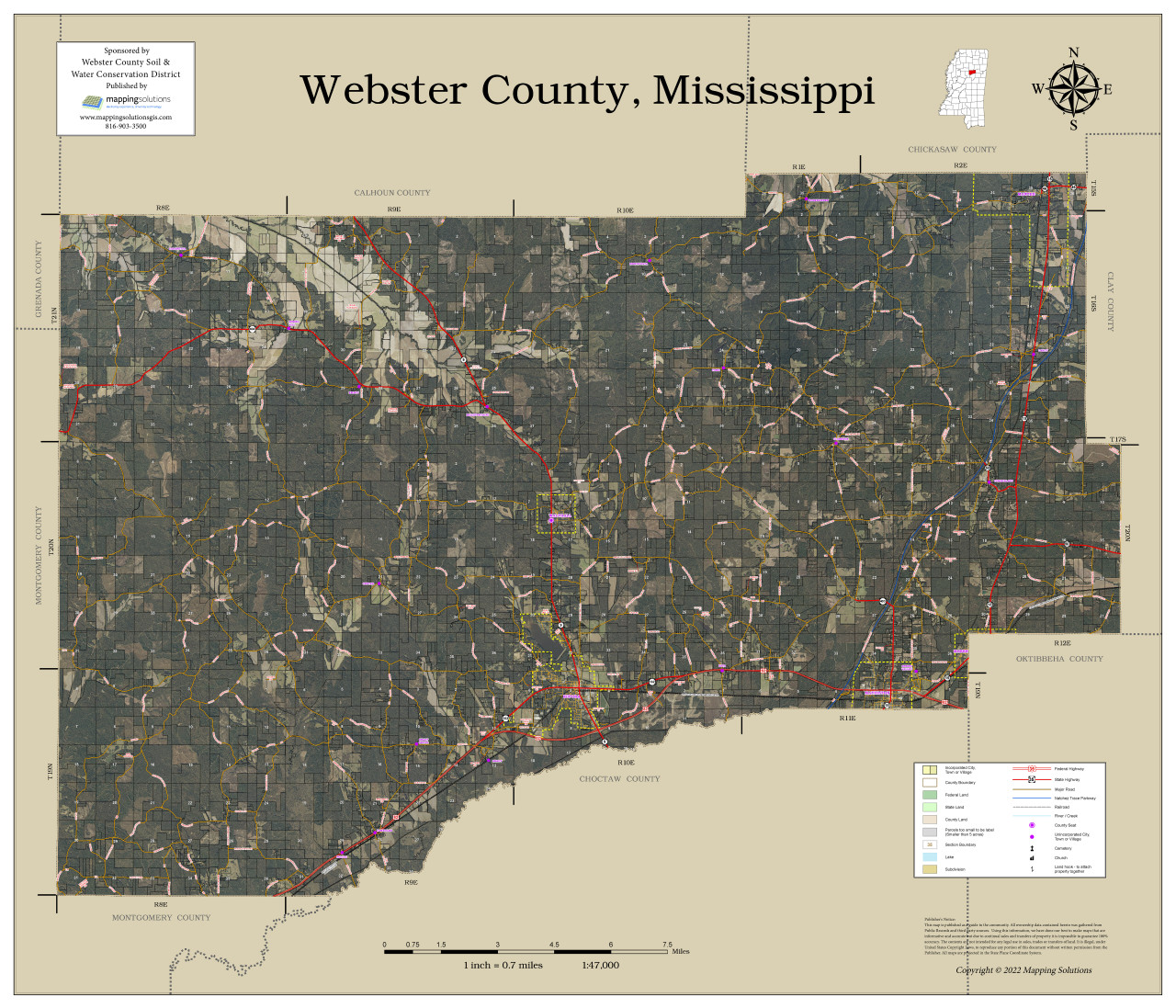 Webster County Mississippi 2022 Aerial Wall Map | Mapping Solutions