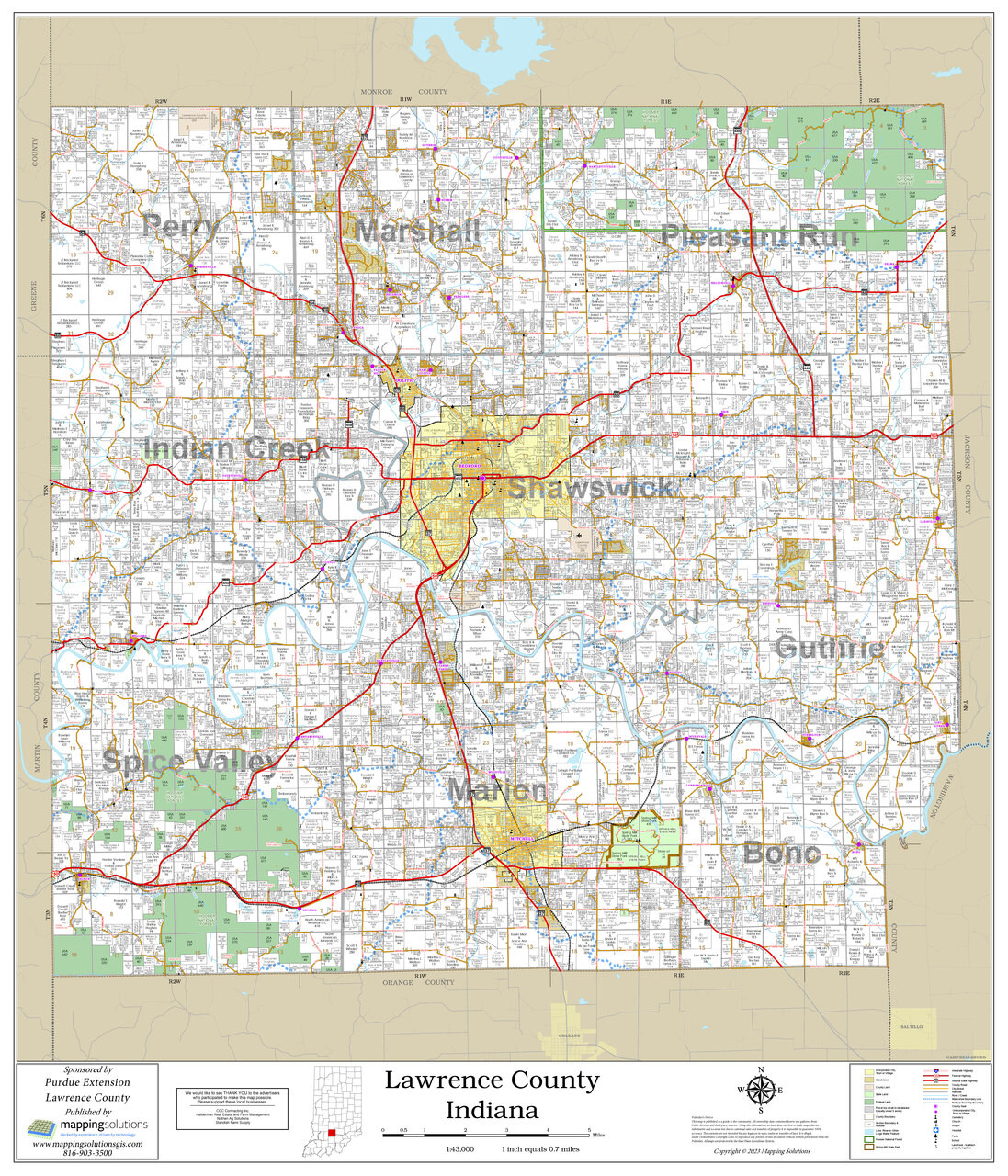 Lawrence County Indiana 2023 Wall Map | Mapping Solutions
