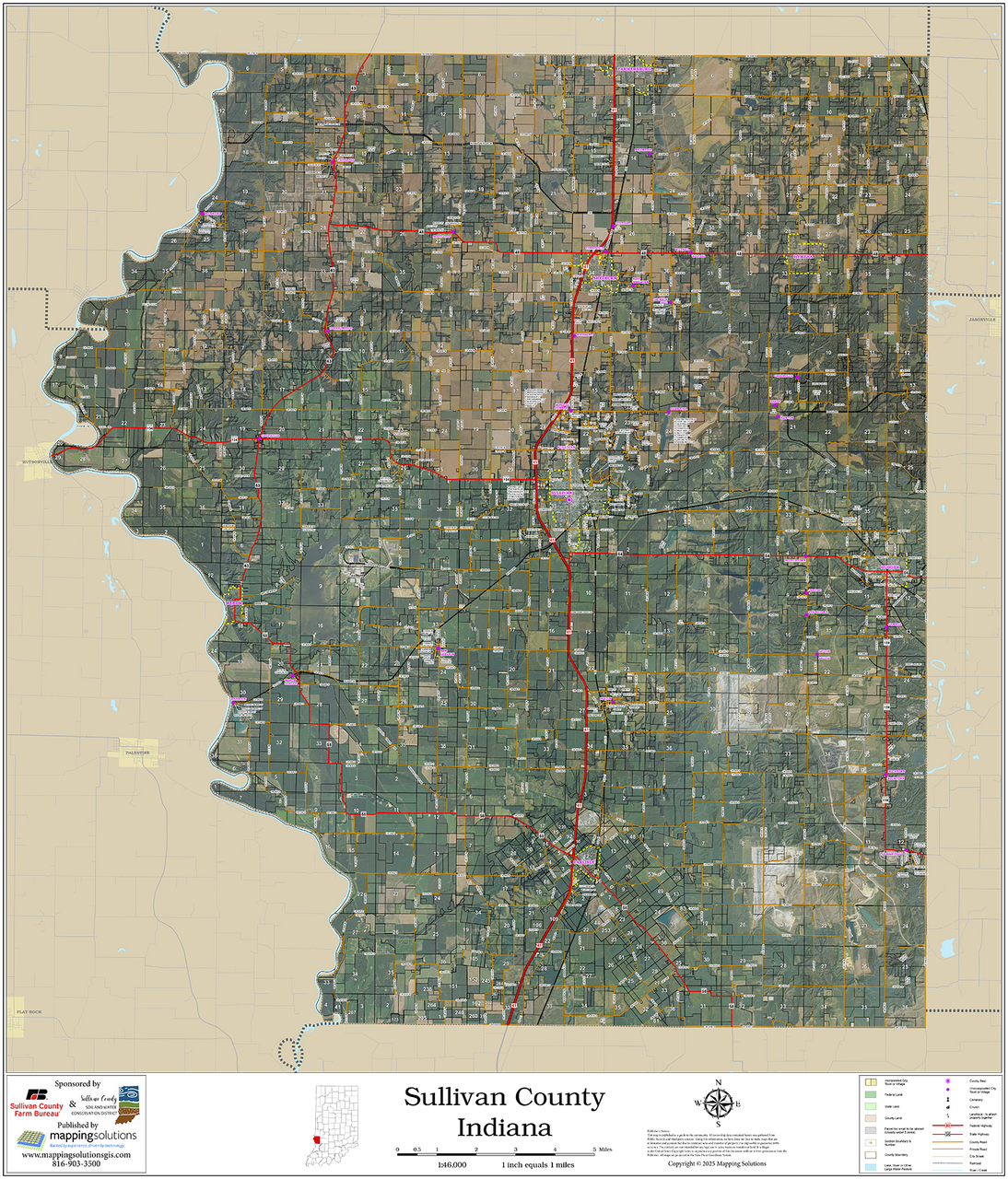 Sullivan County Indiana 2025 Aerial Wall Map | Mapping Solutions