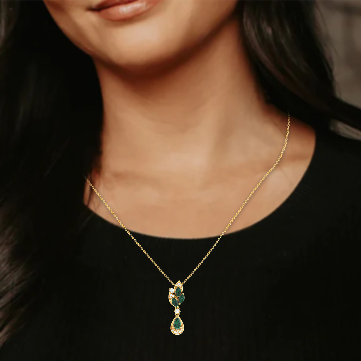 Multi-shaped Diamond & Green Stones Necklace in 18K Gold | L'azurde KSA