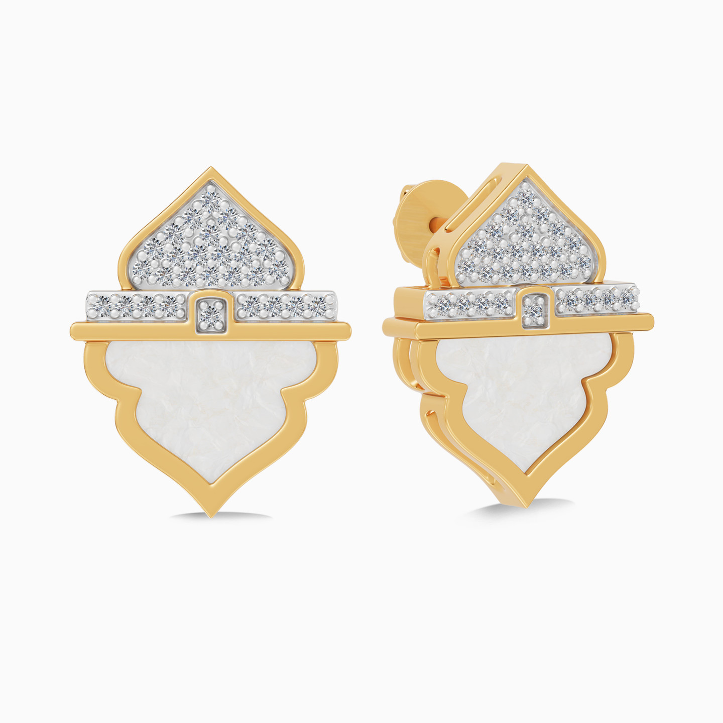 Triangle & Arch Pearl Diamond Stud Earrings 18K Gold | L'azurde KSA