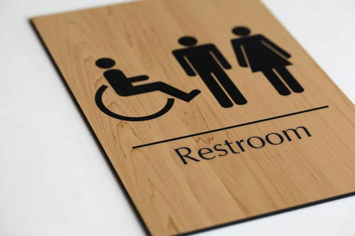 Corridor Restroom Signs | Hallway Flag Bathroom Signs | Mens Restroom ...