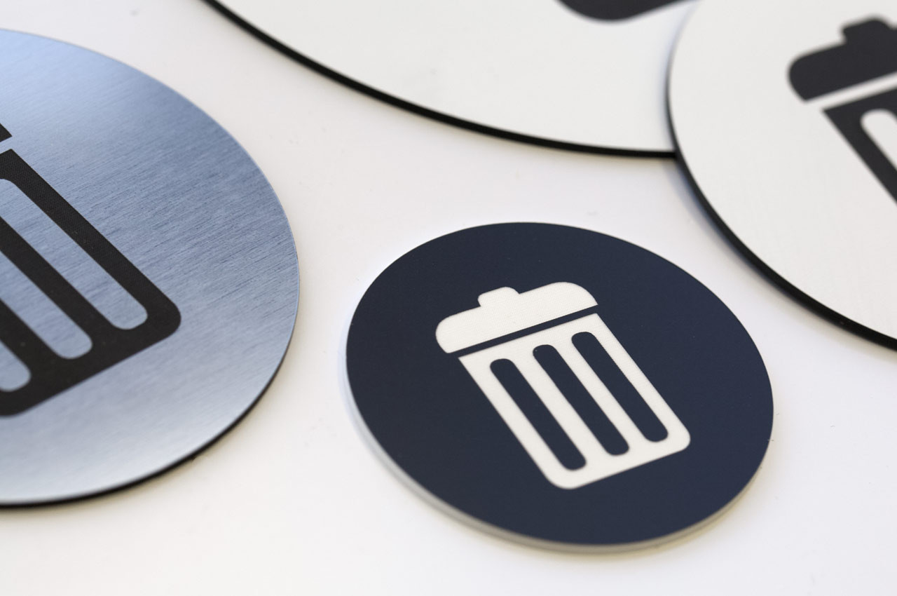 Round Engraved Acrylic Trash Signs | Garbage Can Signs | Office Signs