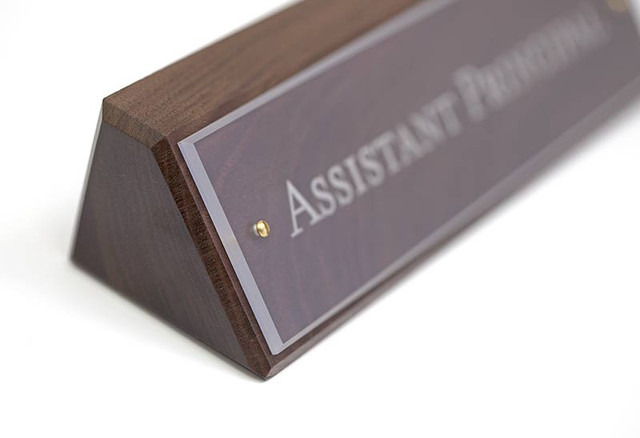 Solid Wood Desk Sign | Clear Acrylic Etched Name Plate