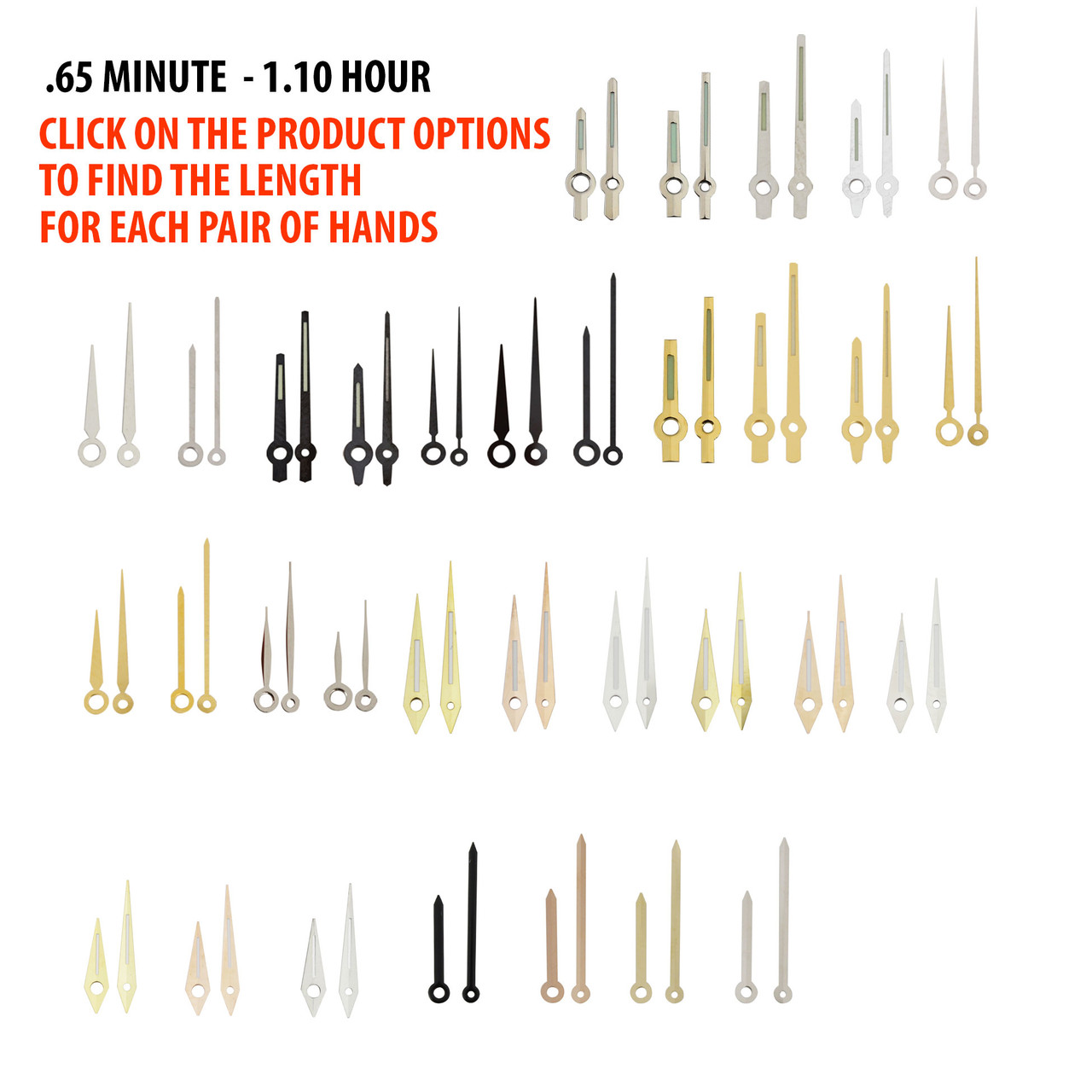 Watch Hands to Fit Minute Hand Hole Size .65mm and Hour Hand Hole Size ...