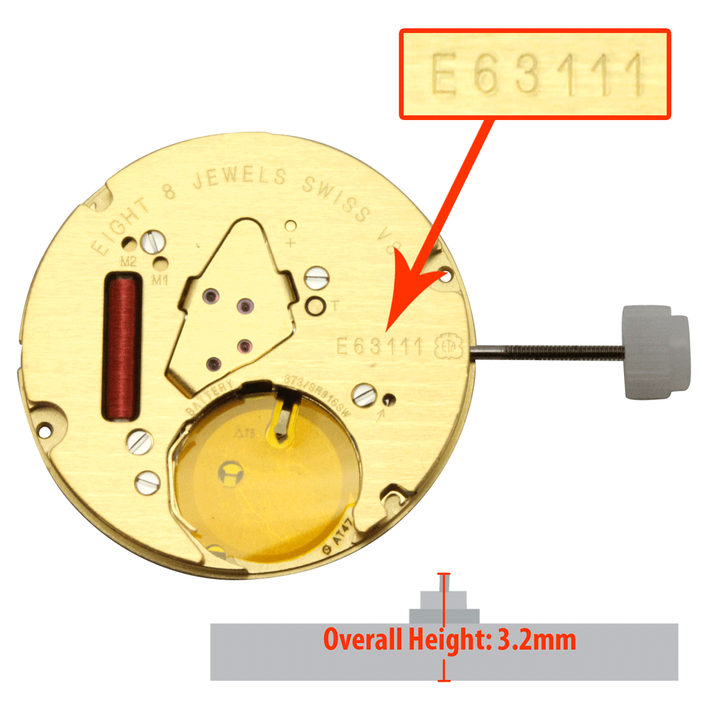 ETA 3 Hand Quartz Watch Movement E63.111 Date at 3:00 Overall Height 3.2mm