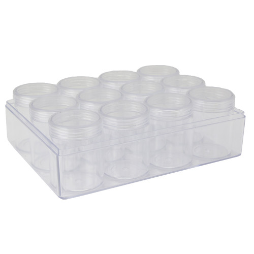Clear Plastic Organizer Box with 12 Round Storage Jars