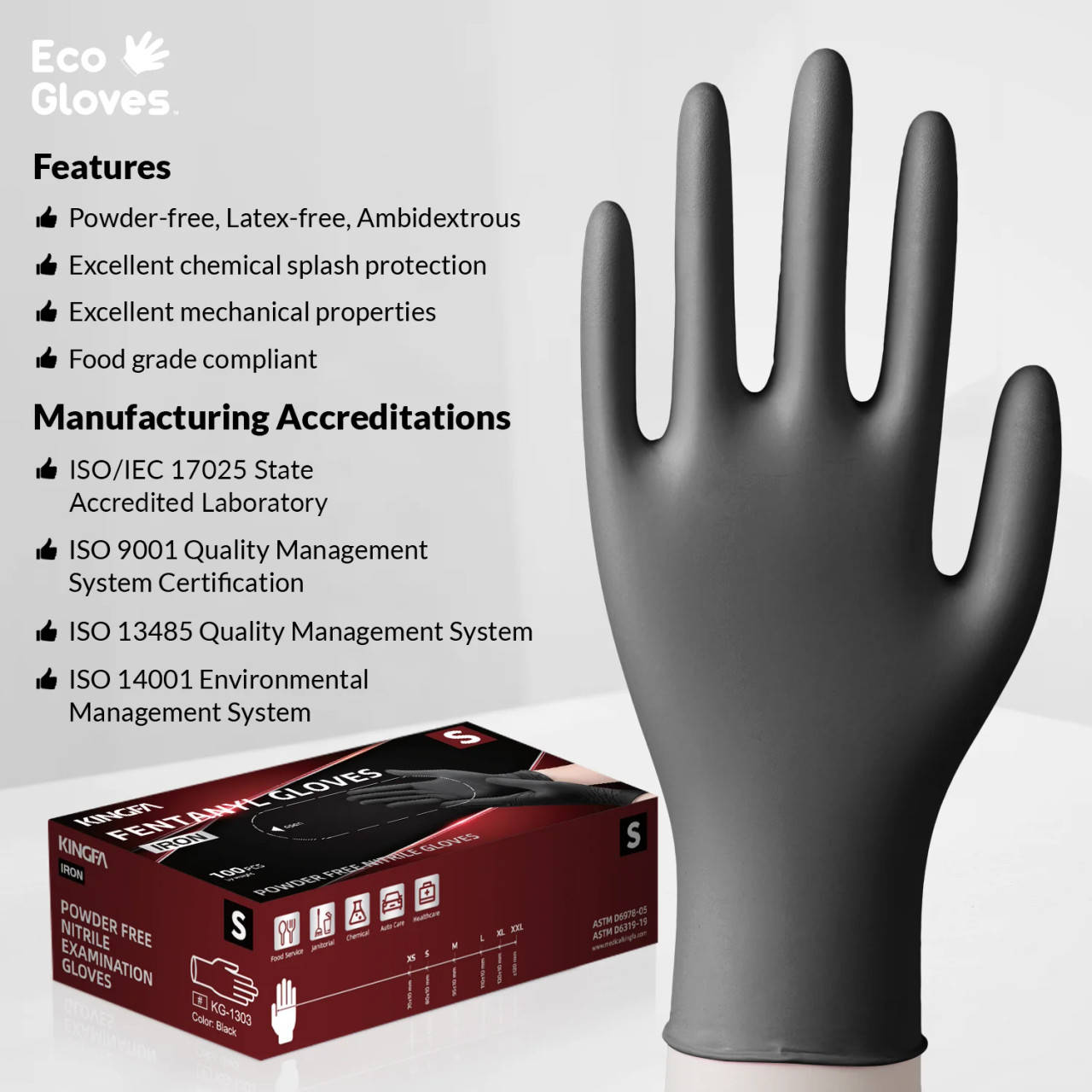 EcoGloves Powder-Free Nitrile Gloves, 100% Recyclable, BLACK, 1000/cs