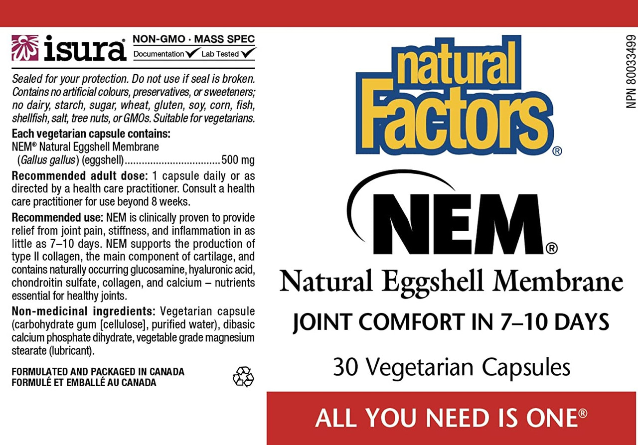 Natural Factors NEM Natural Eggshell Membrane Promotes Joint Comfort ...