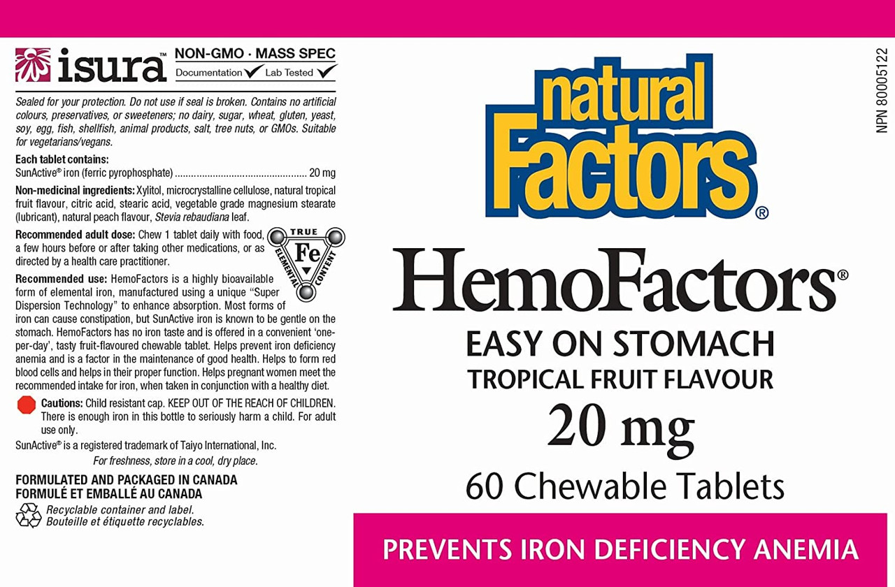 Natural Factors HemoFactor Iron 20mg 60 Chewable Tablets