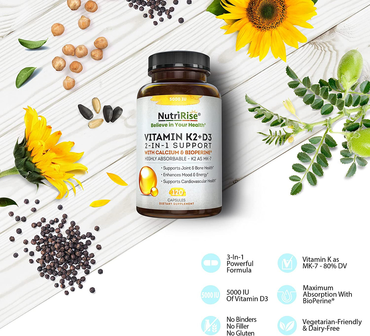 Vitamin K2 D3 Supplement with Calcium 5000 IU GlutenFree Immune Energy ...