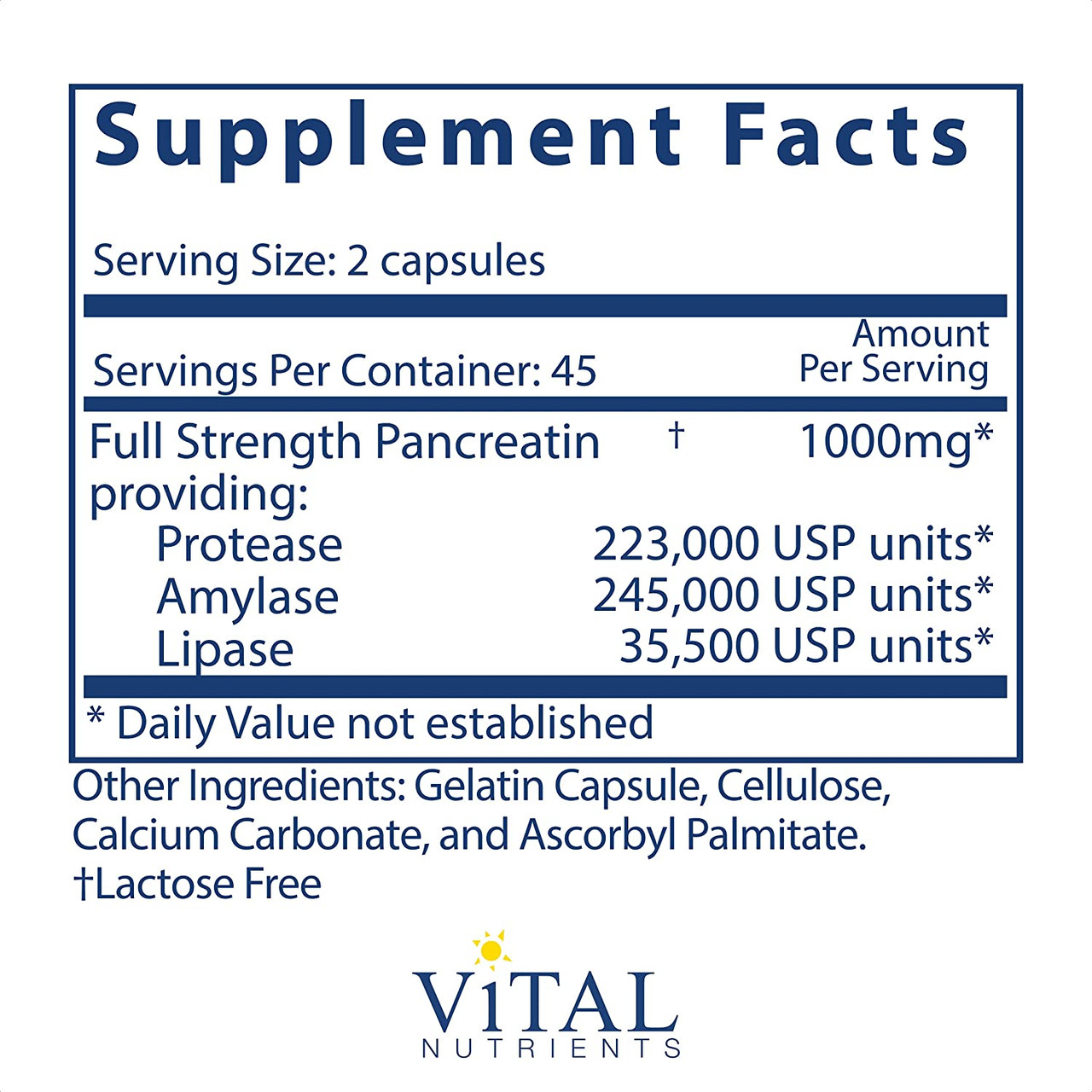 Vital Nutrients Pancreatic Enzymes 1000mg Full Strength Digestion Supplement with Protease ...