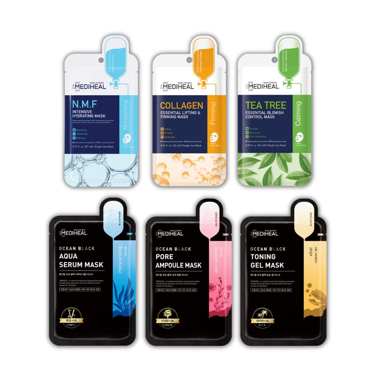 Mediheal Sheet Mask HERO 6 pack (NMF, Tea Tree, Collagen, WHP, DNA, HDP, 6 Variety Pack) (ocean ...