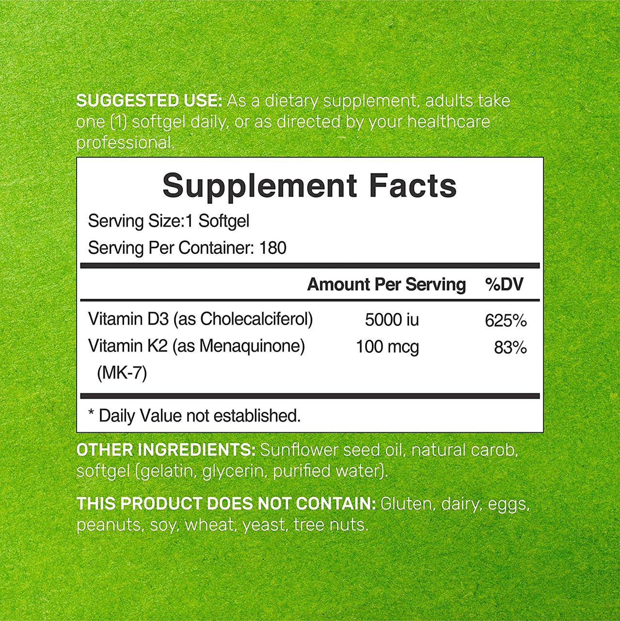 Vitamin D3 K2 Softgel, 180 Counts, 2-1 Complex, Vitamin D3 5000 IU ...