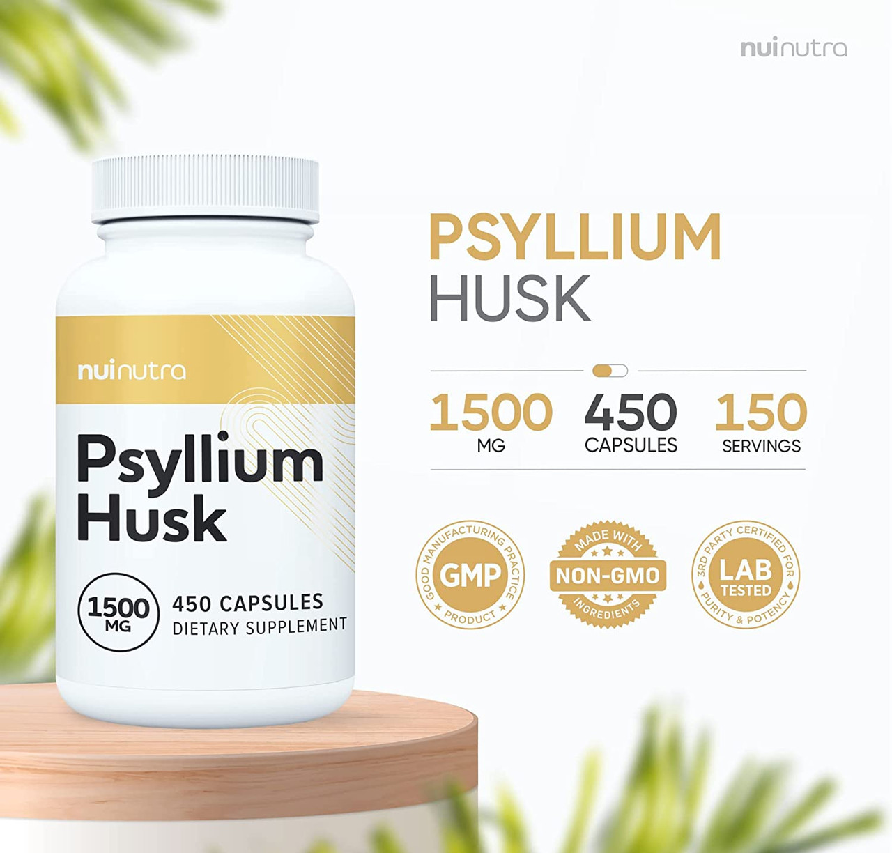 Nui Nutra Psyllium Husk Supplement | 1500mg | 450 Capsules | Soluble ...