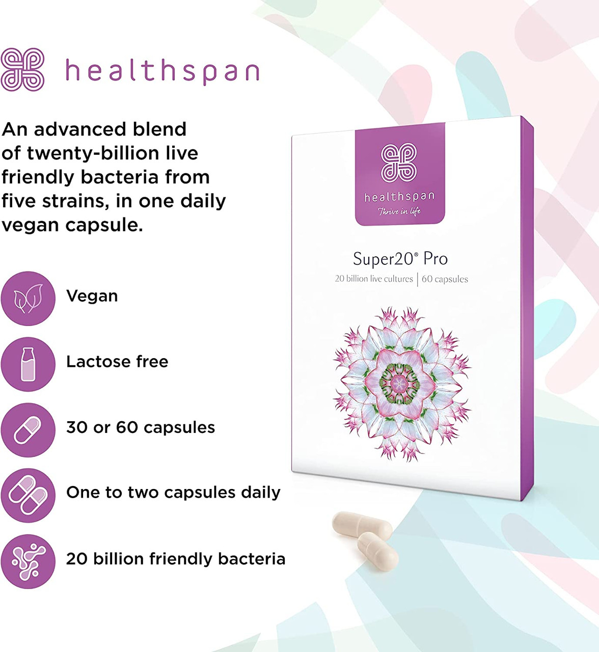 Healthspan Super20 Probiotic (60 Capsules) | Blend of 20 Billion Live ...