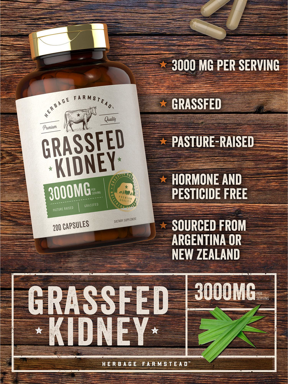 Grass Fed Beef Kidney Capsules | 200 Count | 3000Mg | Pasture Raised ...