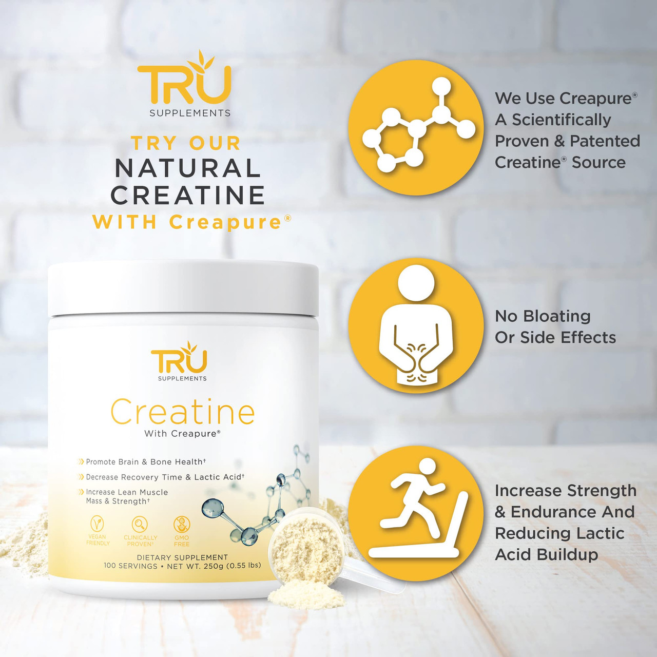 TRU Supplements Creatine | 100% Pure Patented Creapure | Increase Strength & Boost Stamina ...