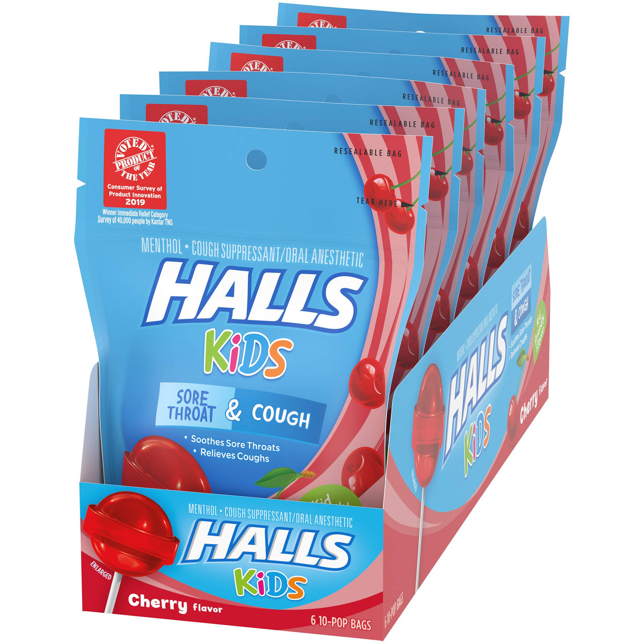 Halls Kids Cherry Cough and Sore Throat Pops for Children 60 Pops 6 ...