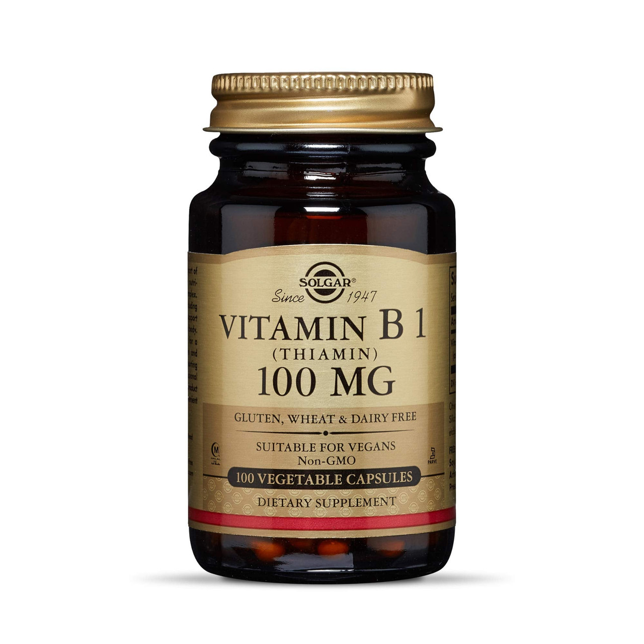 Solgar Vitamin B1 (Thiamin) 100 mg, 100 Vegetable Capsules - Energy ...