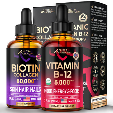 NUTRAHARMONY Organic Vitamin B12 Drops & Liquid Biotin, Collagen Drops
