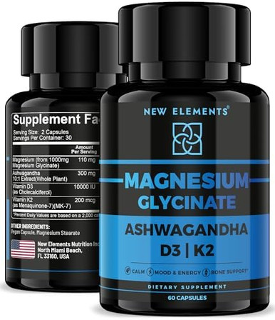 Elements Magnesium Glycinate 1500Mg With Ashwagandha 300Mg + Vitamin D3 ...