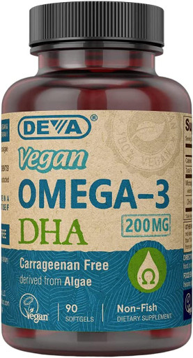 Deva Vegan Omega-3 DHA 200mg, from Algae, Non-Fish, Delayed Release, 90 ...