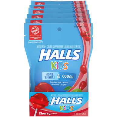 Halls Kids Cherry Cough and Sore Throat Pops for Children 60 Pops 6 ...