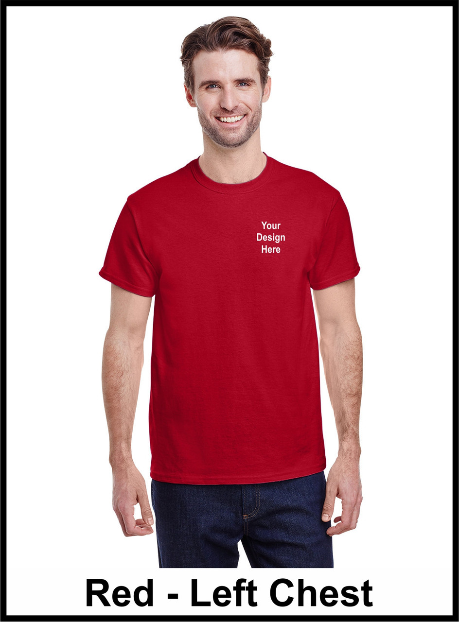 Custom Printed, Red T-Shirts, Left Chest , One Color - CheepTee