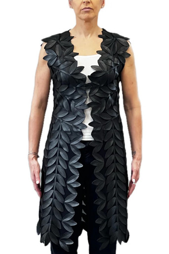 Faux Leather Leaves Long Vest - Vita Boutique