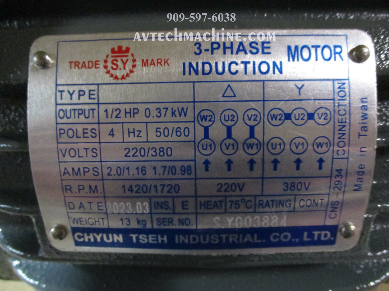 0B243B03154 Chyun Tseh Industrial Electric Motor 1/2HP 3PH 220/380V