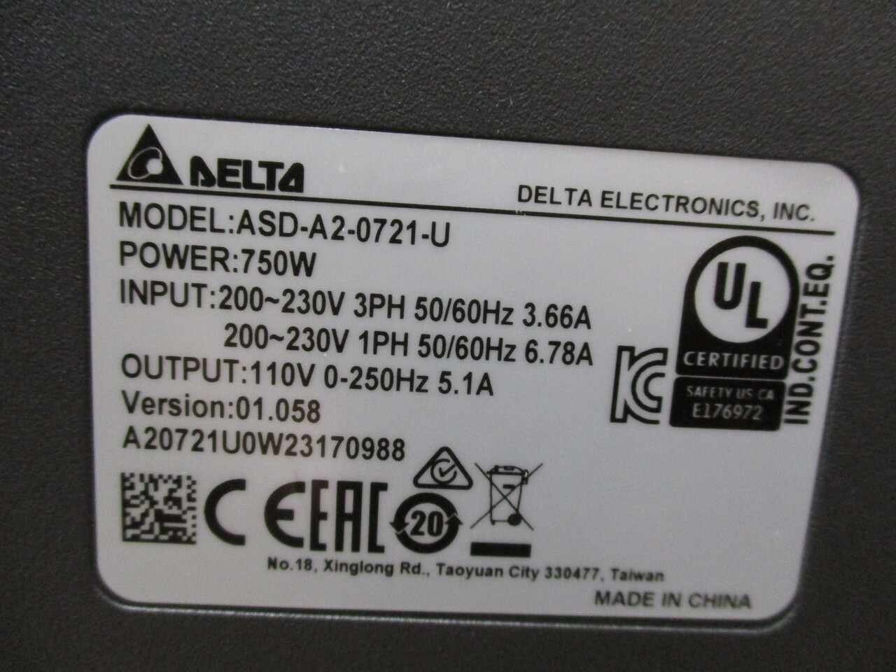 ASD-A2-0721-U Delta Servo Drive 3 Phase 750W 200/230V