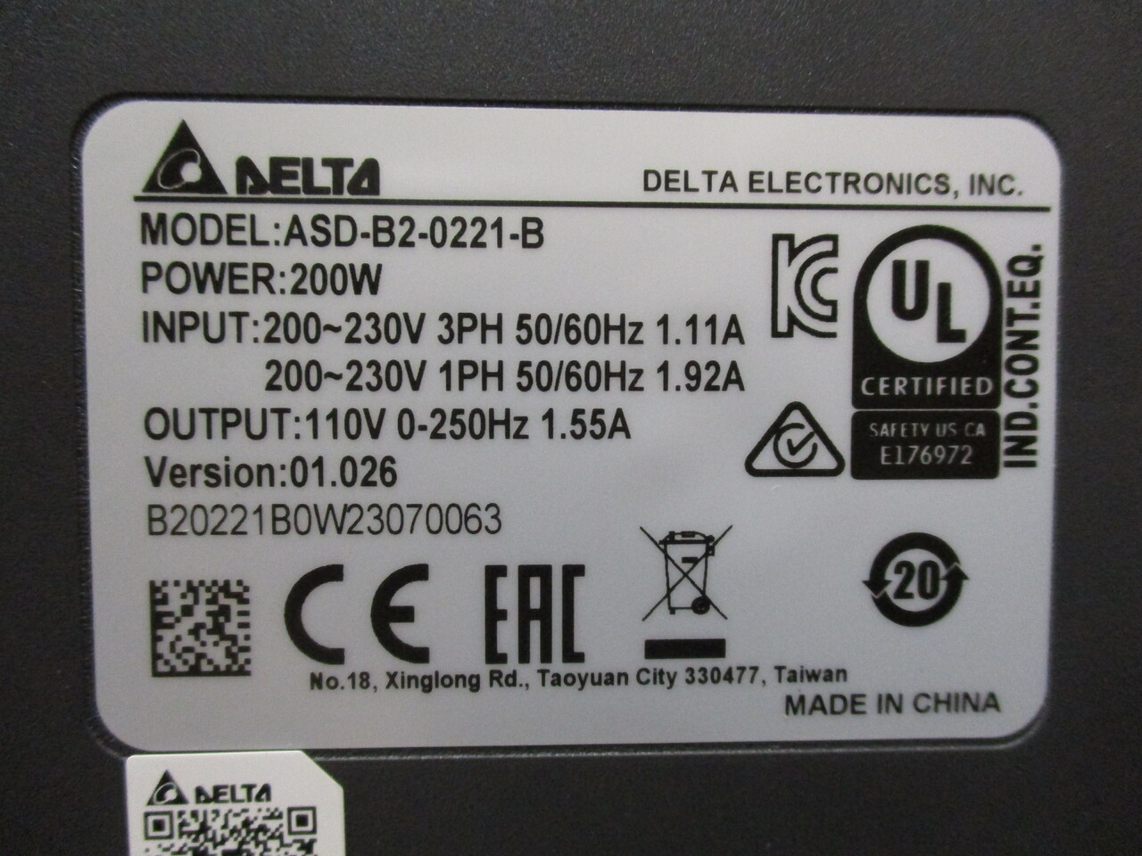 ASD-B2-0221-B Delta Servo Drive 3 Phase 200W 200/230V