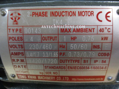TK-4-1HP-230/460V Tswu Kwan Industrial Electric Motor 1HP 3 Phase 230/460V