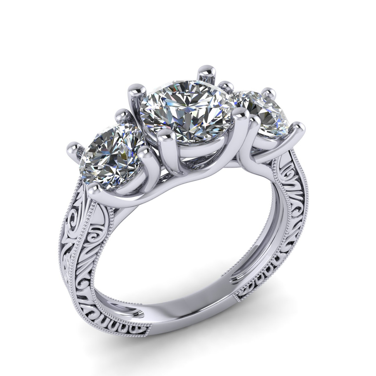 3 stone engraved diamond ring