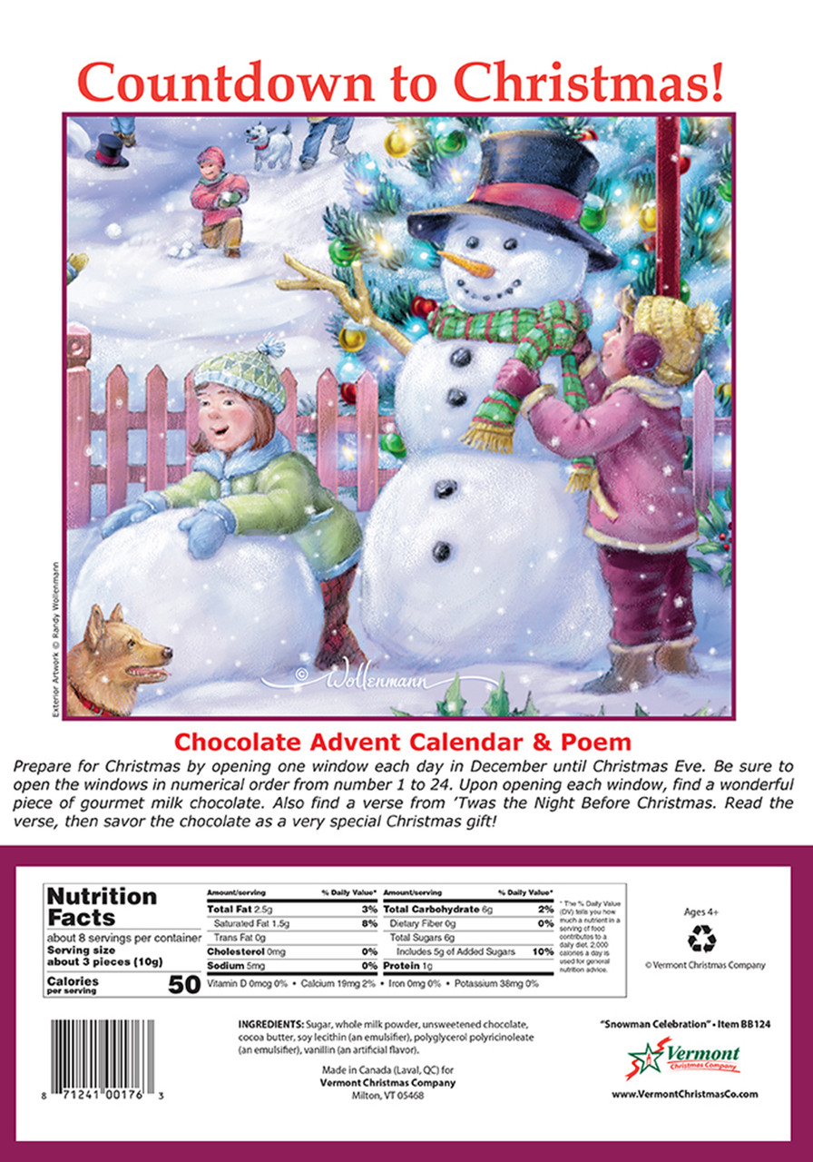 BB124-CASE | Case of 32 Snowman Celebration Chocolate Advent Calendars - Vermont Christmas Company